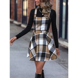 WILA | Dresses | Minimalist Preppy Tan Black White Plaid Print Overall ...